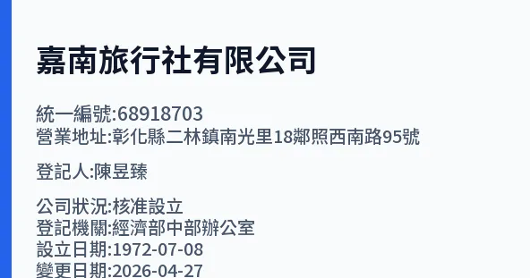 嘉南旅行社有限公司的照片-統編 68918703(彰化縣) 公司登記資料與營業項目詳細圖表