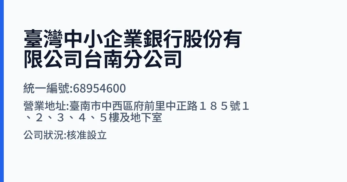 臺灣中小企業銀行股份有限公司台南分公司 - 統編 68954600(臺南市) 公司登記資料與營業項目詳細圖表