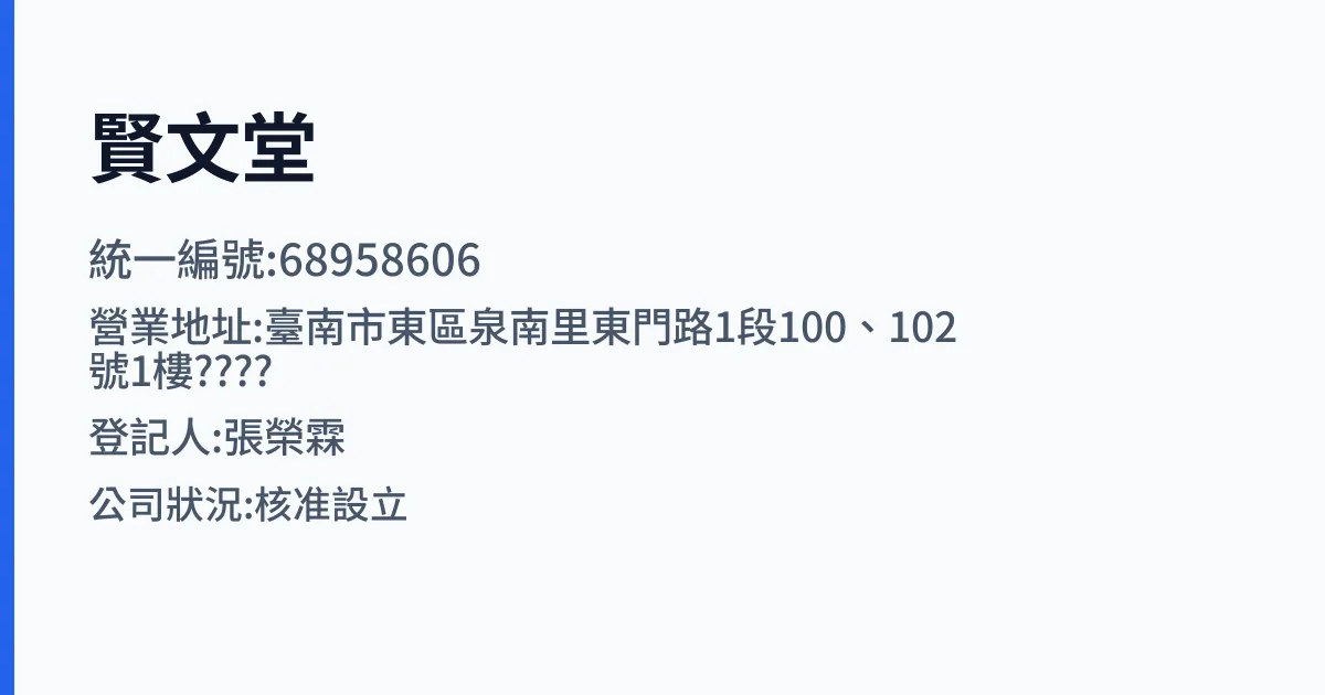 賢文堂 - 統編 68958606(臺南市) 公司登記資料與營業項目詳細圖表