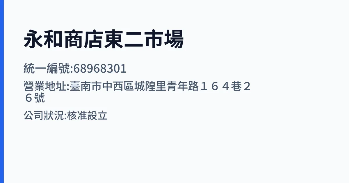永和商店東二市場 - 統編 68968301(臺南市) 公司登記資料與營業項目詳細圖表