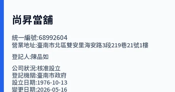 尚昇當舖的照片-統編 68992604(臺南市) 公司登記資料與營業項目詳細圖表