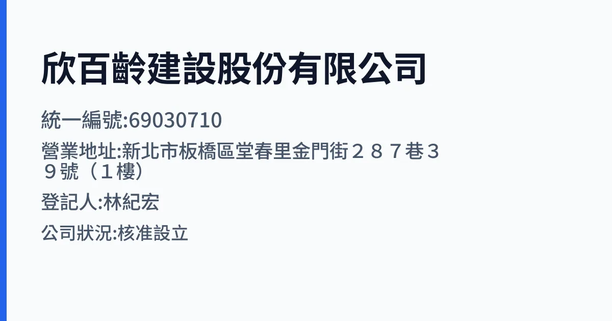 欣百齡建設股份有限公司 - 統編 69030710(新北市) 公司登記資料與營業項目詳細圖表