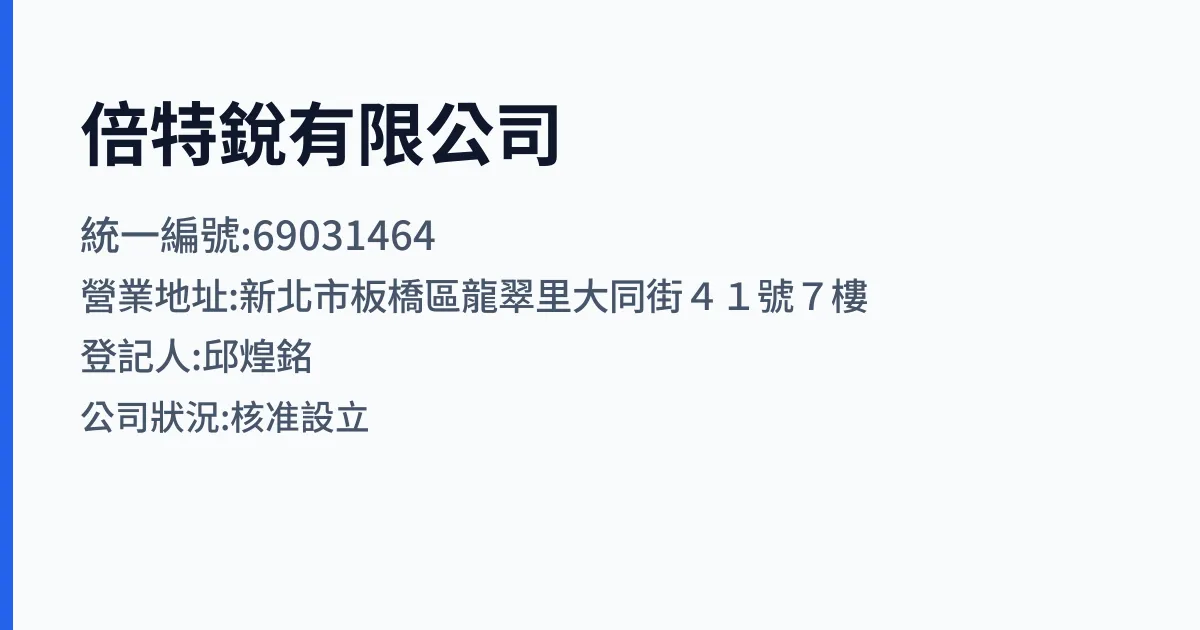倍特銳有限公司 - 統編 69031464(新北市) 公司登記資料與營業項目詳細圖表