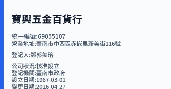 寶興五金百貨行的照片-統編 69055107(臺南市) 公司登記資料與營業項目詳細圖表