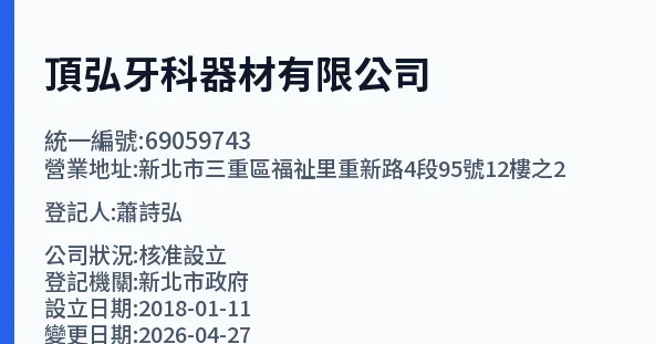 頂弘牙科器材有限公司的照片-統編 69059743(新北市) 公司登記資料與營業項目詳細圖表