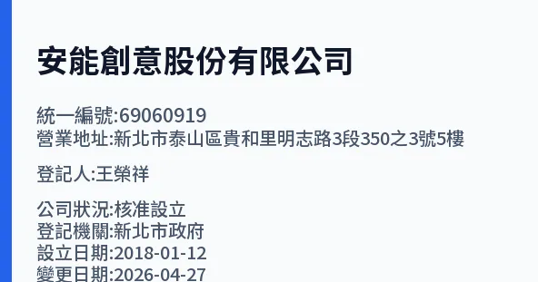 安能創意股份有限公司的照片-統編 69060919(新北市) 公司登記資料與營業項目詳細圖表