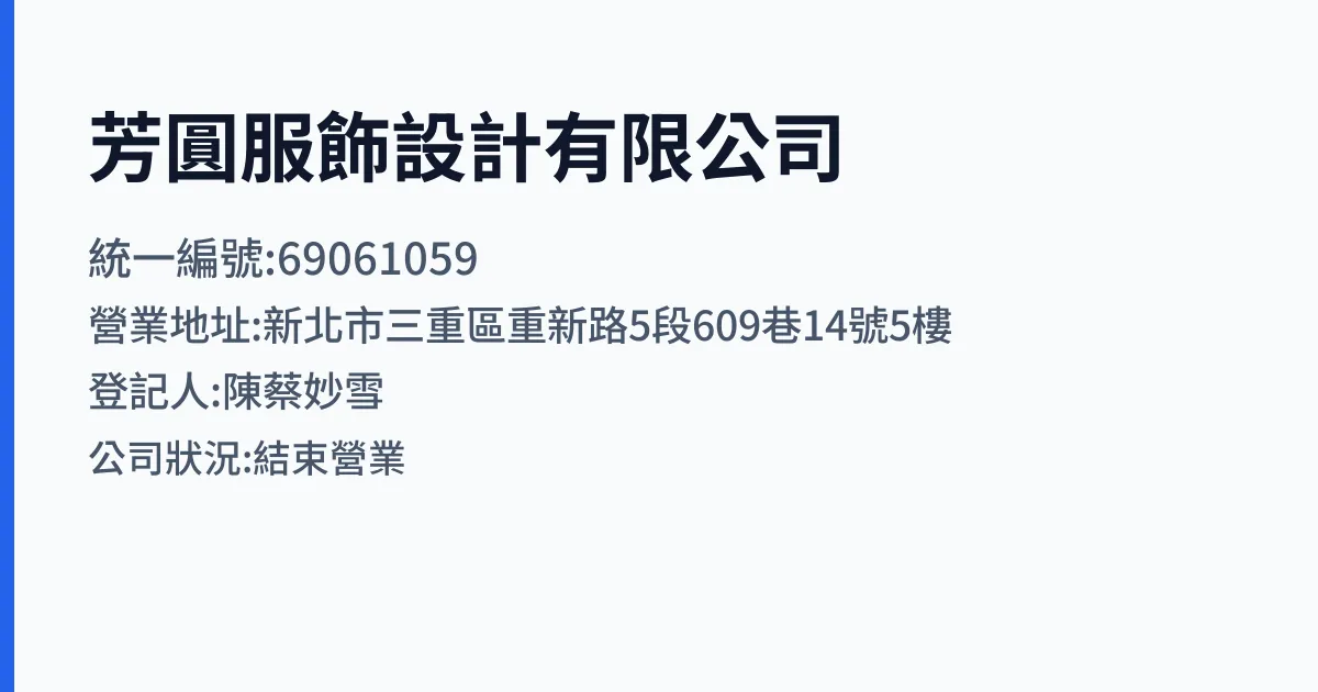 芳圓服飾設計有限公司 - 統編 69061059(新北市) 公司登記資料與營業項目詳細圖表
