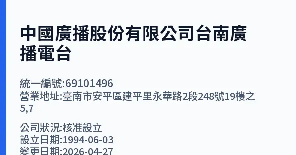 中國廣播股份有限公司台南廣播電台的照片-統編 69101496(臺南市) 公司登記資料與營業項目詳細圖表