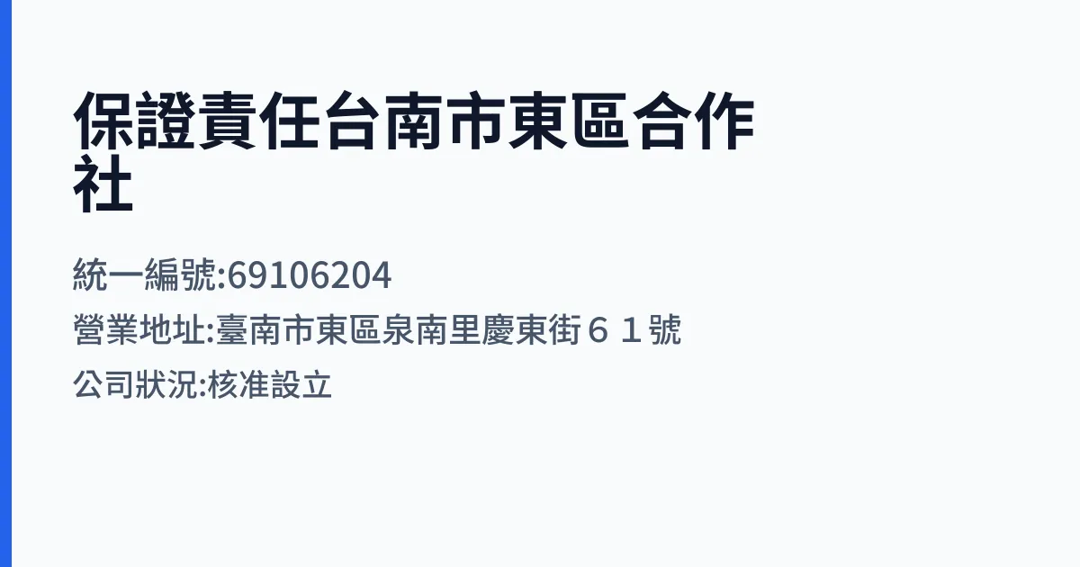 保證責任台南市東區合作社 - 統編 69106204(臺南市) 公司登記資料與營業項目詳細圖表