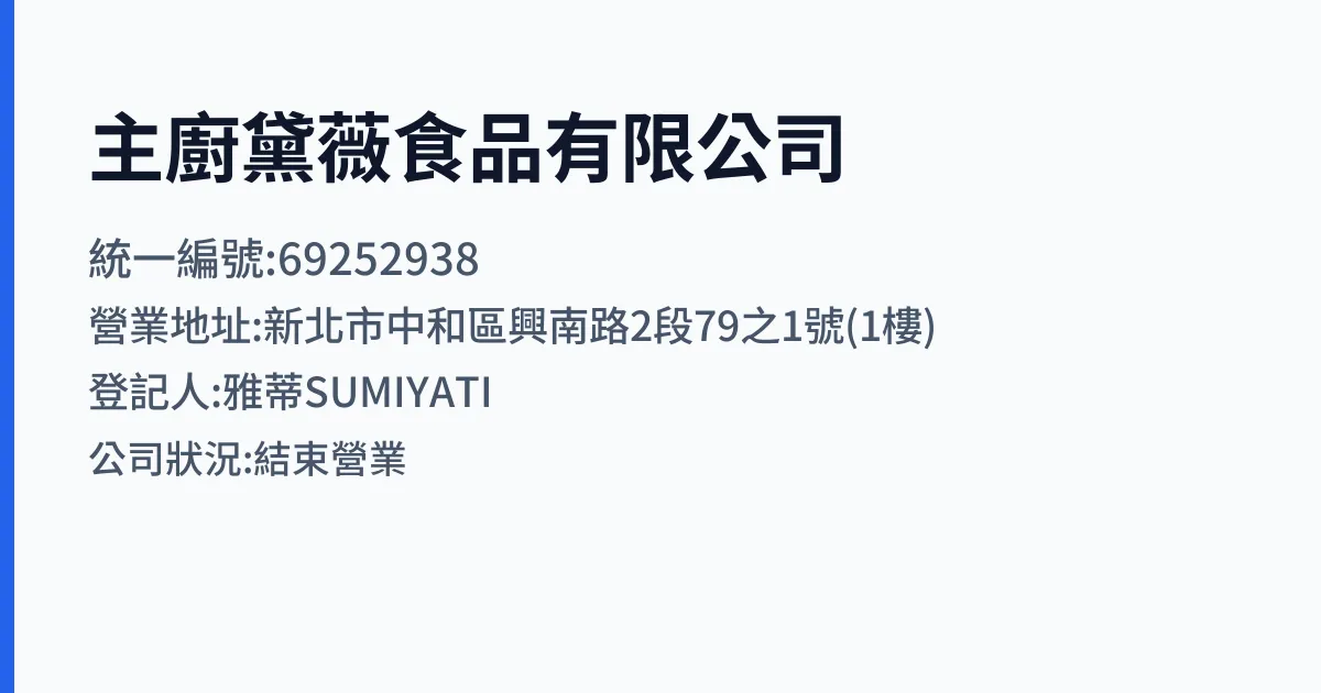 主廚黛薇食品有限公司 - 統編 69252938(新北市) 公司登記資料與營業項目詳細圖表