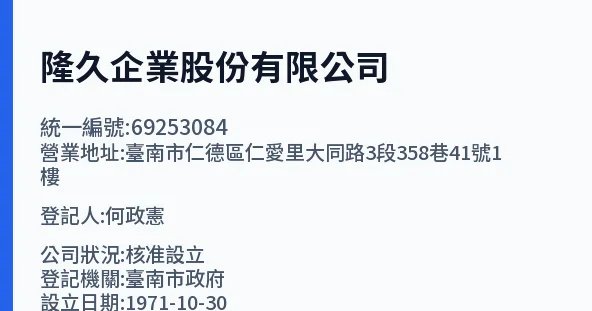 隆久企業股份有限公司的照片-統編 69253084(臺南市) 公司登記資料與營業項目詳細圖表