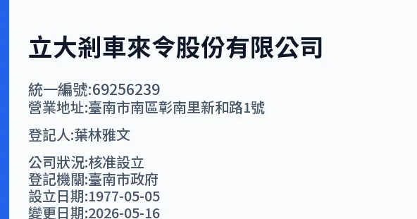 立大剎車來令股份有限公司的照片-統編 69256239(臺南市) 公司登記資料與營業項目詳細圖表