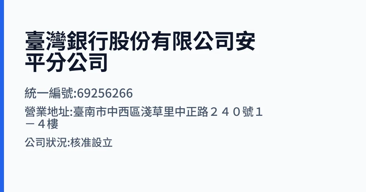 臺灣銀行股份有限公司安平分公司 - 統編 69256266（臺南市） 公司登記資料與營業項目詳細圖表