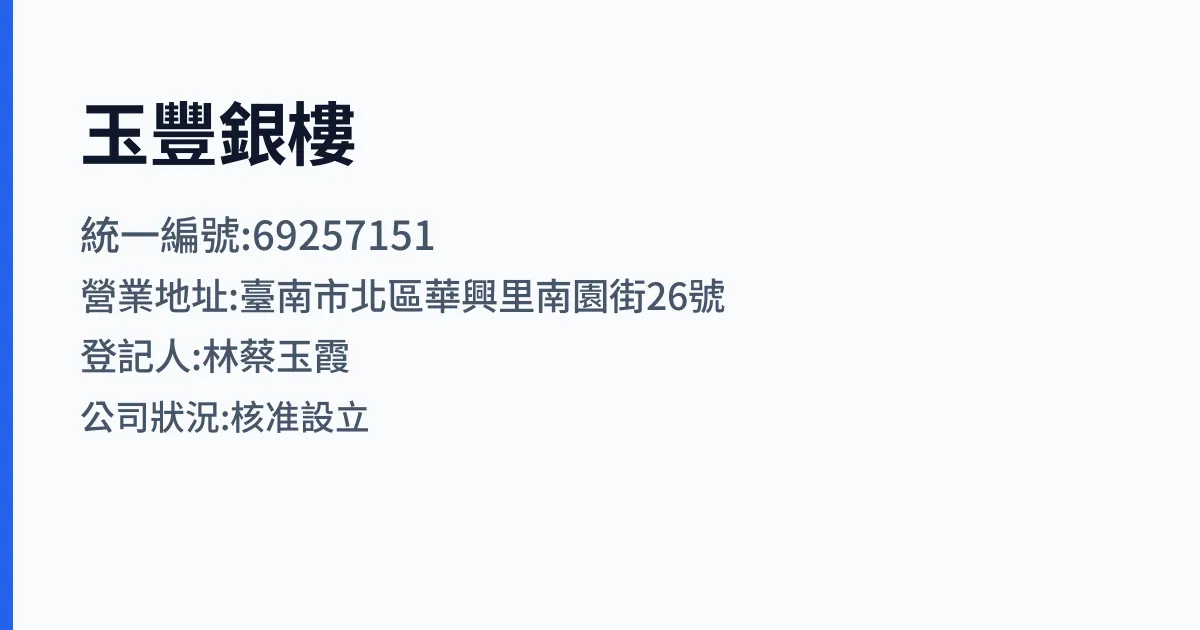 玉豐銀樓 - 統編 69257151(臺南市) 公司登記資料與營業項目詳細圖表