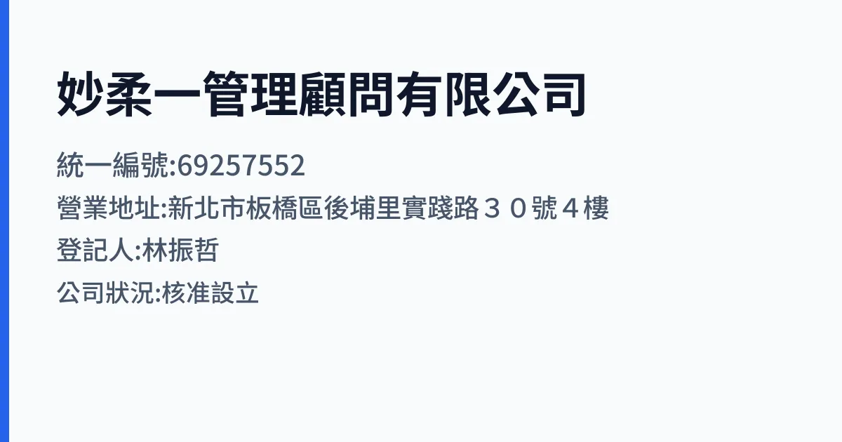 妙柔一管理顧問有限公司 - 統編 69257552(新北市) 公司登記資料與營業項目詳細圖表