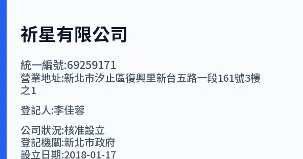 祈星有限公司的照片-統編 69259171(新北市) 公司登記資料與營業項目詳細圖表