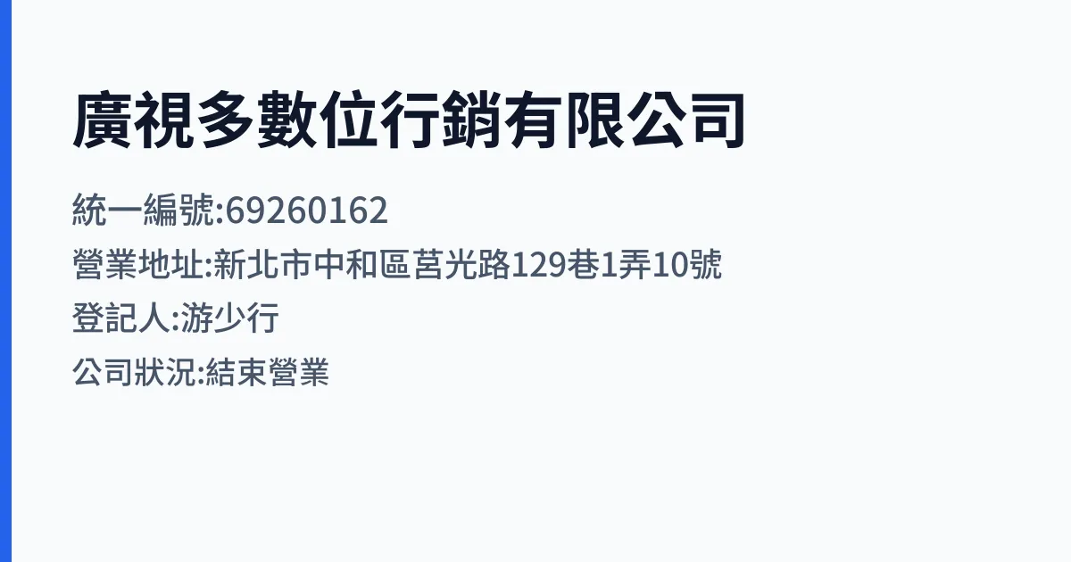 廣視多數位行銷有限公司 - 統編 69260162(新北市) 公司登記資料與營業項目詳細圖表