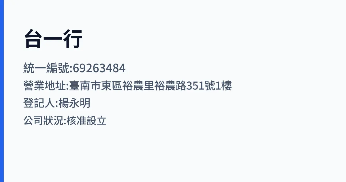 台一行 - 統編 69263484(臺南市) 公司登記資料與營業項目詳細圖表