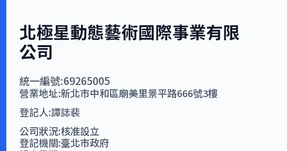 北極星動態藝術國際事業有限公司的照片-統編 69265005(新北市) 公司登記資料與營業項目詳細圖表