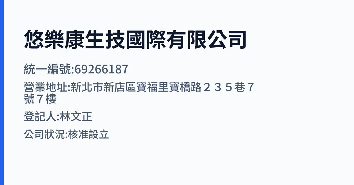 悠樂康生技國際有限公司 - 統編 69266187(新北市) 公司登記資料與營業項目詳細圖表