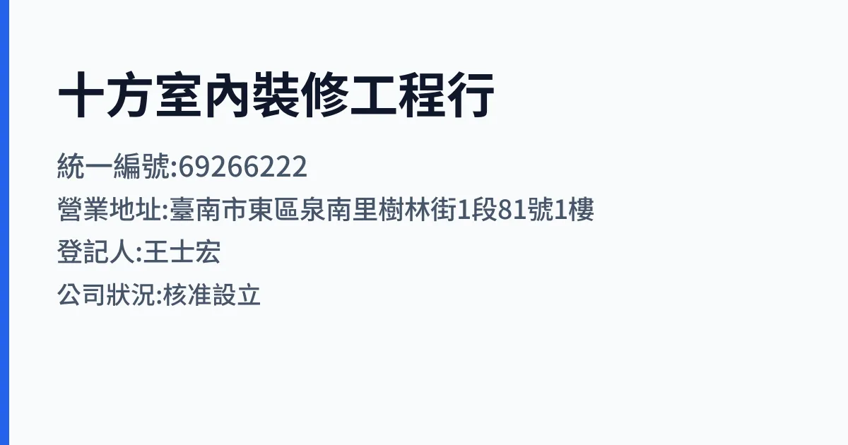 十方室內裝修工程行 - 統編 69266222(臺南市) 公司登記資料與營業項目詳細圖表