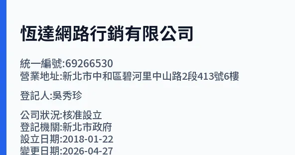 恆達網路行銷有限公司的照片-統編 69266530(新北市) 公司登記資料與營業項目詳細圖表