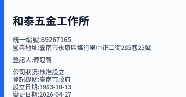 和泰五金工作所的照片-統編 69267165(臺南市) 公司登記資料與營業項目詳細圖表
