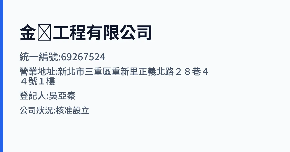 金巄工程有限公司 - 統編 69267524(新北市) 公司登記資料與營業項目詳細圖表