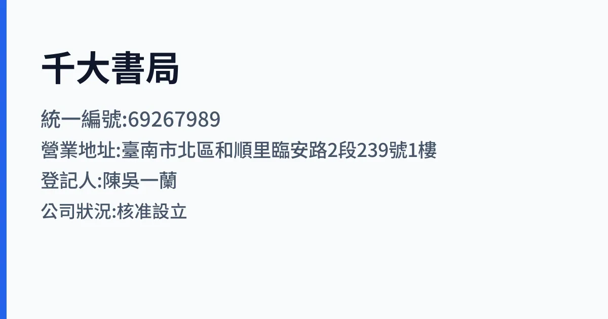 千大書局 - 統編 69267989（臺南市） 公司登記資料與營業項目詳細圖表