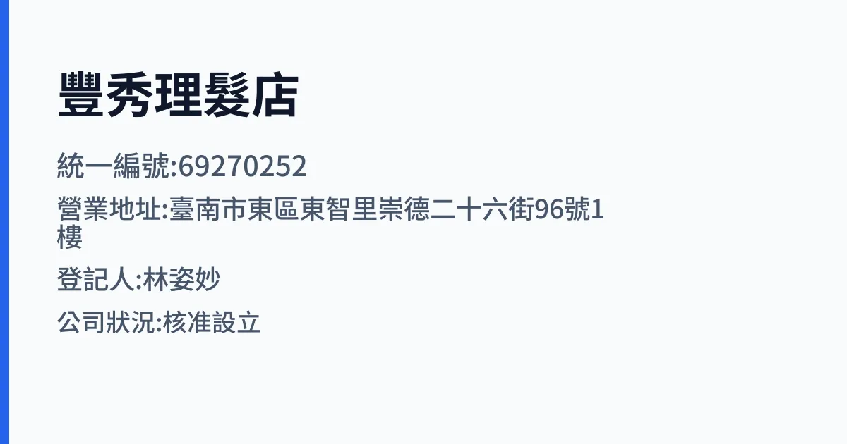 豐秀理髮店 - 統編 69270252(臺南市) 公司登記資料與營業項目詳細圖表