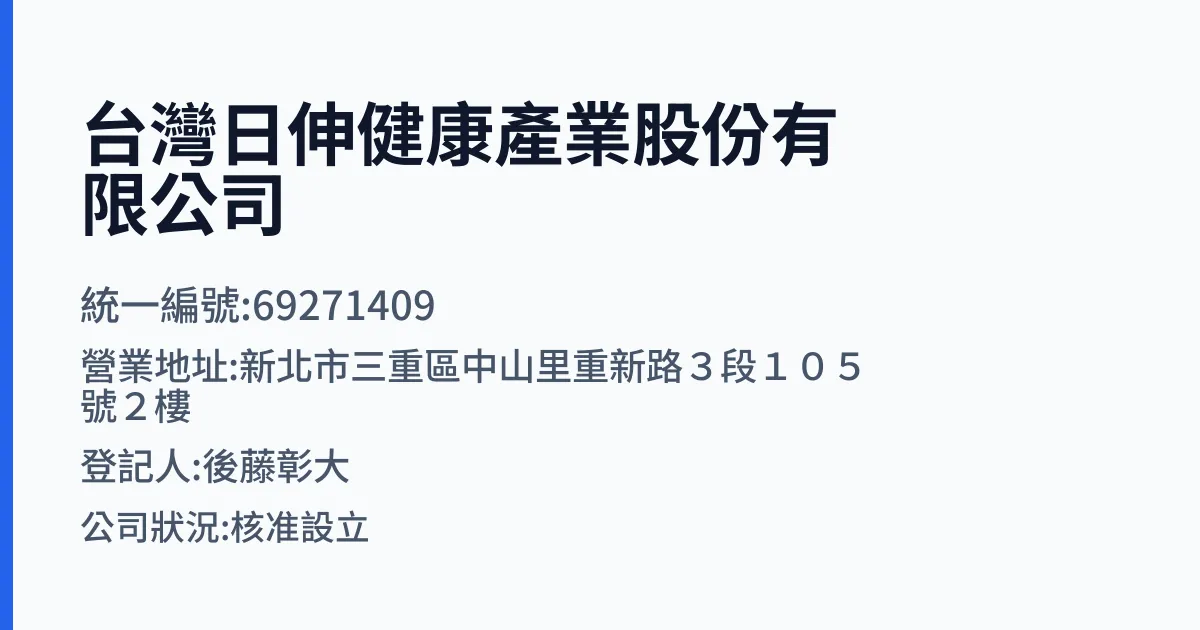 台灣日伸健康產業股份有限公司 - 統編 69271409(新北市) 公司登記資料與營業項目詳細圖表