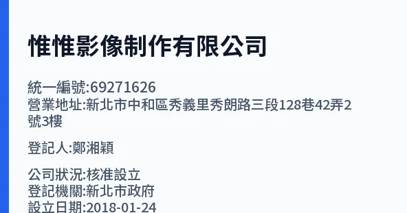 惟惟影像制作有限公司的照片-統編 69271626(新北市) 公司登記資料與營業項目詳細圖表
