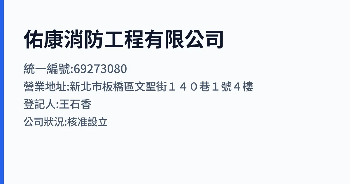 佑康消防工程有限公司 - 統編 69273080(新北市) 公司登記資料與營業項目詳細圖表