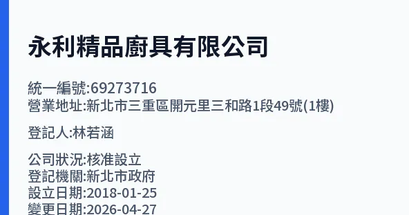 永利精品廚具有限公司的照片-統編 69273716(新北市) 公司登記資料與營業項目詳細圖表