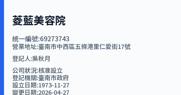 菱藍美容院的照片-統編 69273743(臺南市) 公司登記資料與營業項目詳細圖表