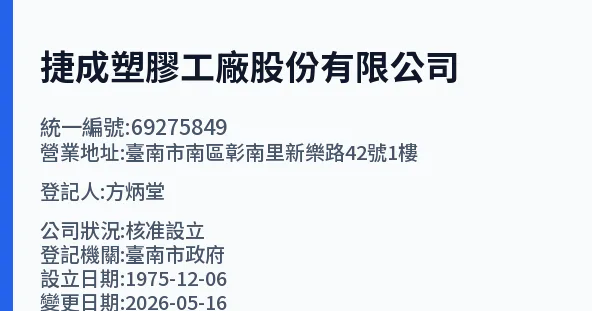 捷成塑膠工廠股份有限公司的照片-統編 69275849(臺南市) 公司登記資料與營業項目詳細圖表