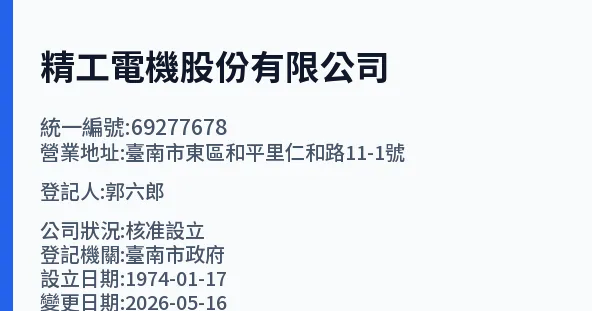 精工電機股份有限公司的照片-統編 69277678(臺南市) 公司登記資料與營業項目詳細圖表
