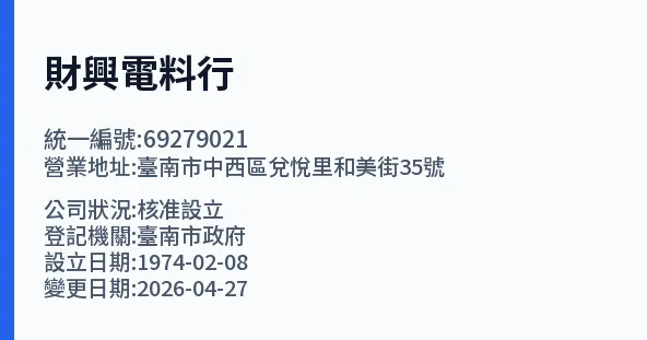 財興電料行的照片-統編 69279021(臺南市) 公司登記資料與營業項目詳細圖表