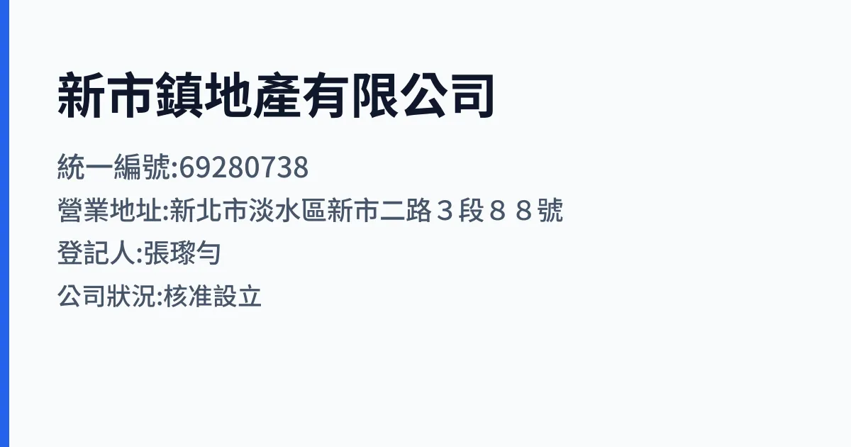 新市鎮地產有限公司 - 統編 69280738(新北市) 公司登記資料與營業項目詳細圖表