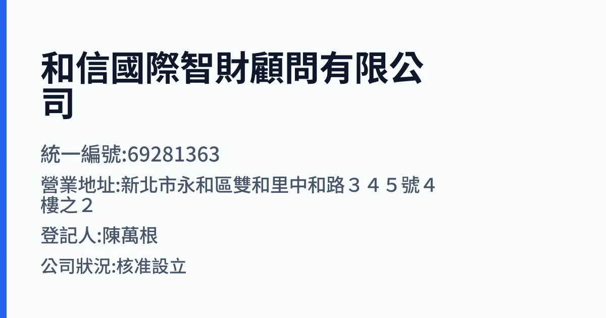 和信國際智財顧問有限公司 - 統編 69281363(新北市) 公司登記資料與營業項目詳細圖表