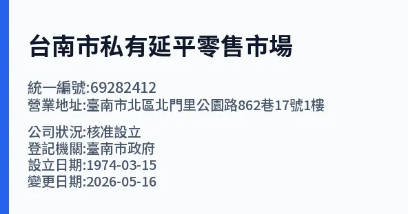 台南市私有延平零售市場的照片-統編 69282412(臺南市) 公司登記資料與營業項目詳細圖表