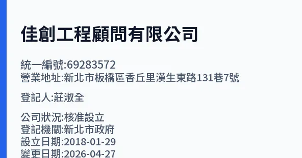 佳創工程顧問有限公司的照片-統編 69283572(新北市) 公司登記資料與營業項目詳細圖表