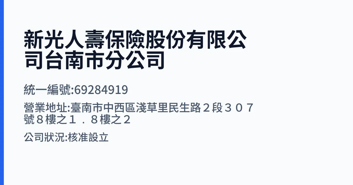 新光人壽保險股份有限公司台南市分公司 - 統編 69284919（臺南市） 公司登記資料與營業項目詳細圖表