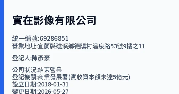 實在影像有限公司的照片-統編 69286851(宜蘭縣) 公司登記資料與營業項目詳細圖表