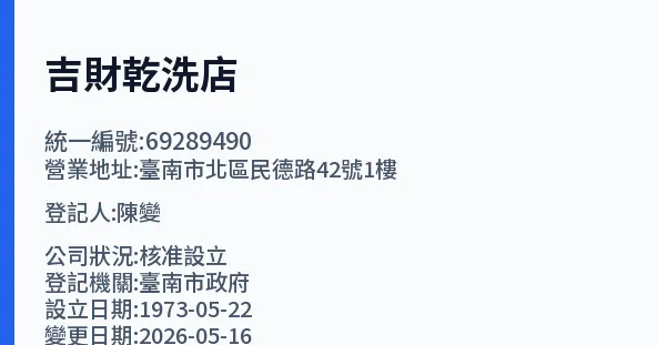 吉財乾洗店的照片-統編 69289490(臺南市) 公司登記資料與營業項目詳細圖表