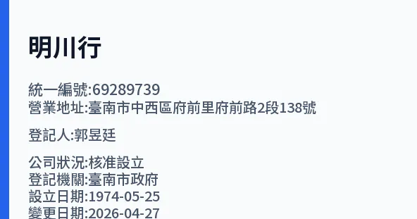 明川行的照片-統編 69289739(臺南市) 公司登記資料與營業項目詳細圖表