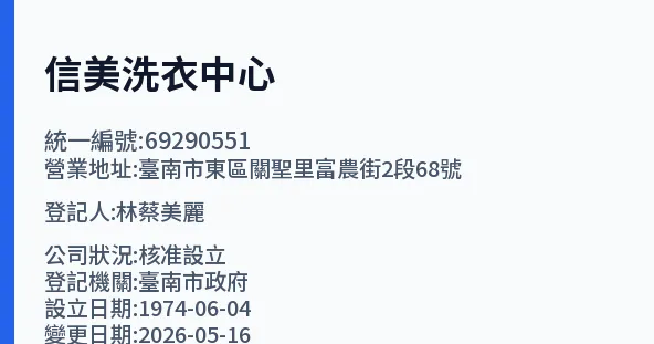 信美洗衣中心的照片-統編 69290551(臺南市) 公司登記資料與營業項目詳細圖表