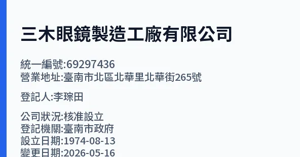 三木眼鏡製造工廠有限公司的照片-統編 69297436(臺南市) 公司登記資料與營業項目詳細圖表
