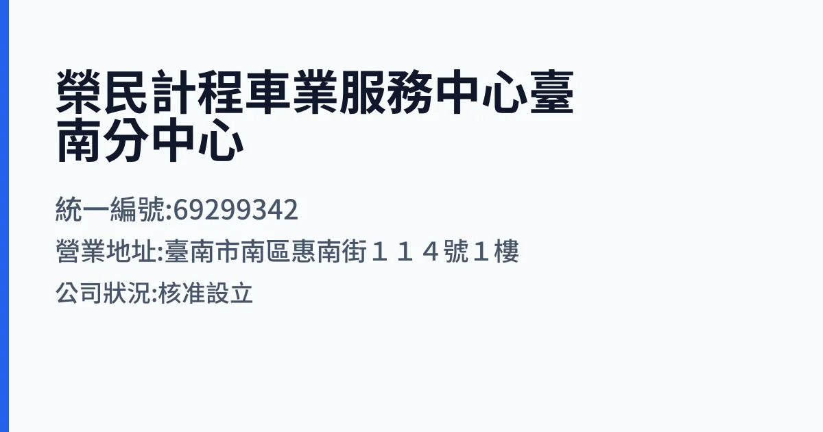 榮民計程車業服務中心臺南分中心 - 統編 69299342(臺南市) 公司登記資料與營業項目詳細圖表