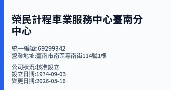 榮民計程車業服務中心臺南分中心的照片-統編 69299342(臺南市) 公司登記資料與營業項目詳細圖表